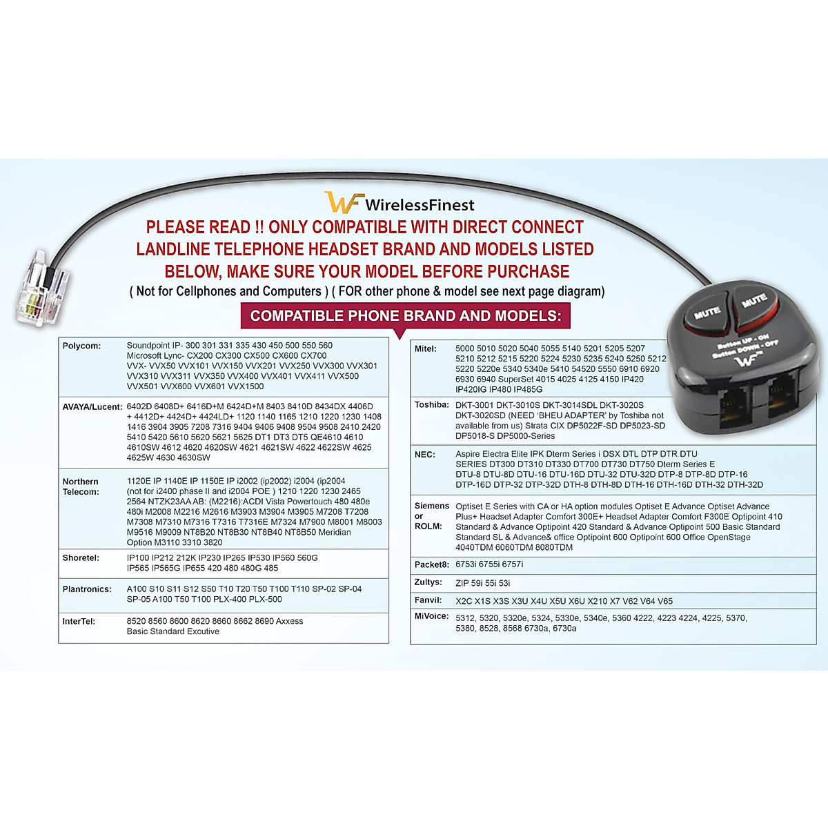 Telephone Training Adapter Y Splitter+Mute Button for Headset for Nortel Meridican, Norstar, Avaya, Ashtra, Mitel, Polycom, Ge and Other IP Phone