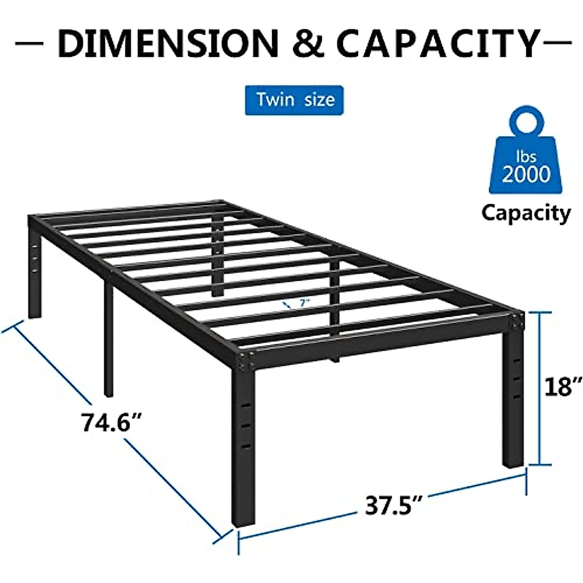 Artimorany Twin-Bed-Frames 18-Inch, Heavy Duty Platform Bed Frame, Steel Slats Support Mattress Foundation, No Box Spring Needed, Noise Free, Black