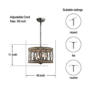 Farmhouse Drum Pendant Light Chandeliers for Dining Room, 4-Light Handmade Antique Wood & Matte Black Industrial Round Cage Rustic Kitchen Island Lighting for Entryway Bedroom Hallway Living Room