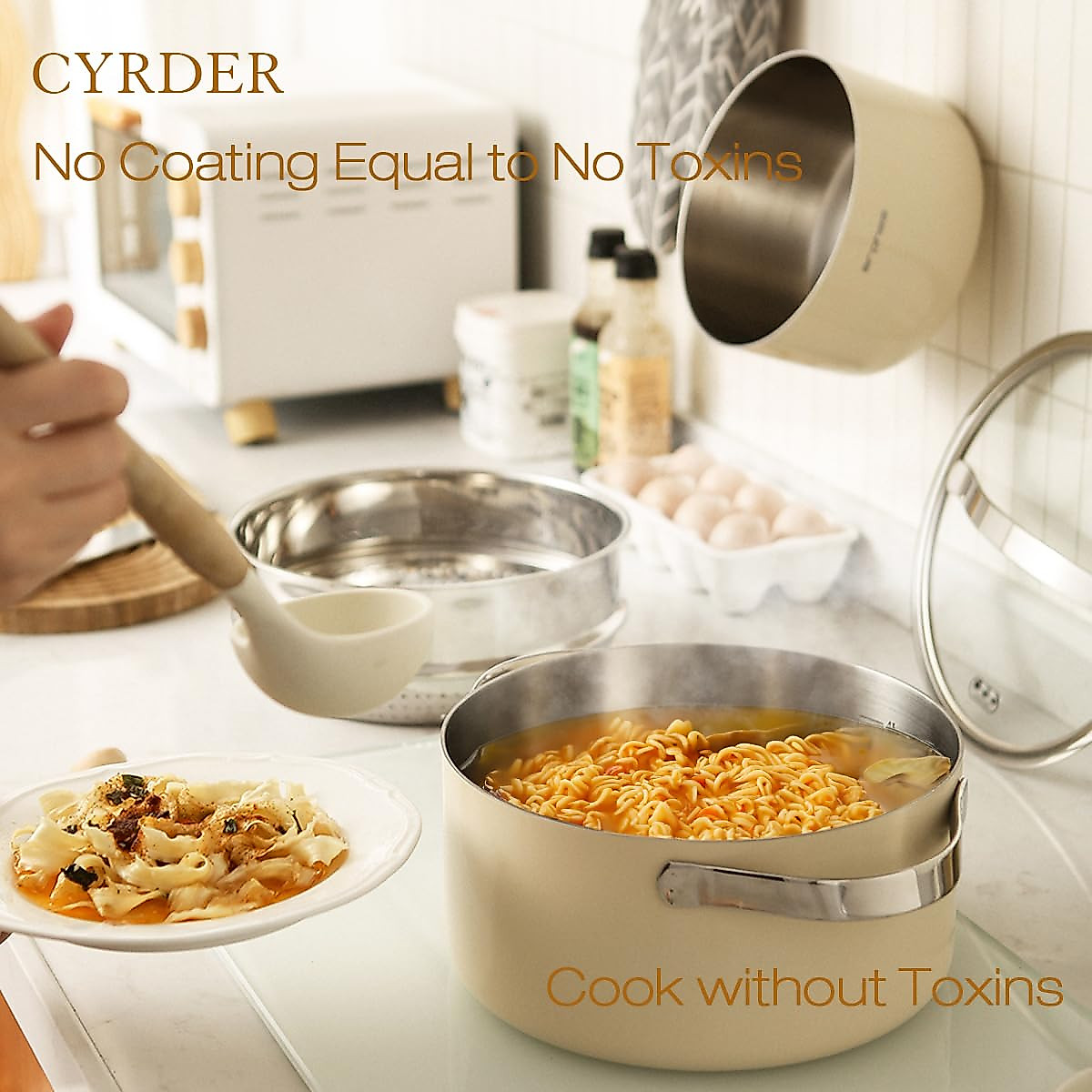 Cyrder Dutch Oven Pot with Lid - Non Toxic, PTFE & PFOA Free - 5-Ply 18/10 Stainless Steel - Oven Safe & Stovetop Agnostic - 5.5 qt 9.5" Cream