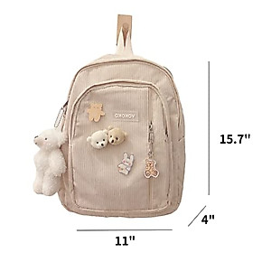 MeganJDesigns WaiWaiUS Corduroy Backpacks Lightweight with Cute Bear Pendant, School Bookbag for Girls, Casual Daypack Laptop Backpack (C-Khaki Corduroy Backpack)