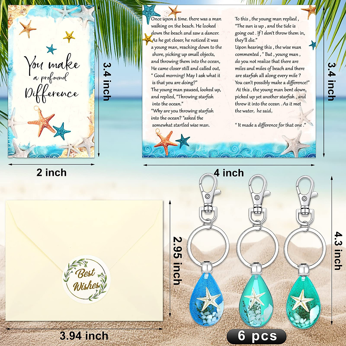 Eaasty 30 Pcs Starfish Story Gift Mini Keepsake Appreciation Notecards Employee Appreciation Starfish Keychain Cards Envelopes You Make a Difference Thank you Gifts Set for Teacher Students Colleague