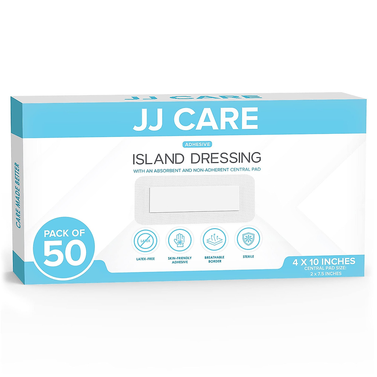 JJ CARE Adhesive Island Dressing [Pack of 50], 4” x 10” Sterile Island Wound Dressing, Breathable Bordered Gauze Dressing, Individually Wrapped Island Wound Bandages with Non-Stick Central Pad