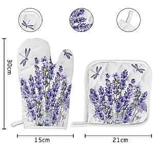 Kitchen Oven Gloves Lavender Flower Oven Mitts Pot Holder Set Purple Floral Dragonfly Hot Pad Sets for Kitchen BBQ Cooking Baking Grilling Heat Resistance