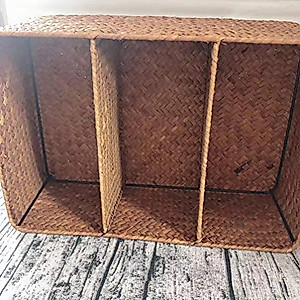 Cabilock Hand-Woven Basket Seagrass Seaweed Woven Storage Box 3-compartments Desktop Organizer Case for Home Bathroom Office Decor 32x22x11cm (Yellow)