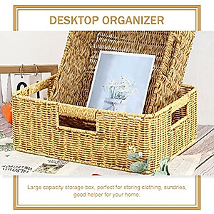 OUNONA Wicker Baskets for Shelves Toilet Paper Basket Rectangular Rattan Baskets with Built-in Handles Hand-woven Water Hyacinth Storage Baskets - Khaki