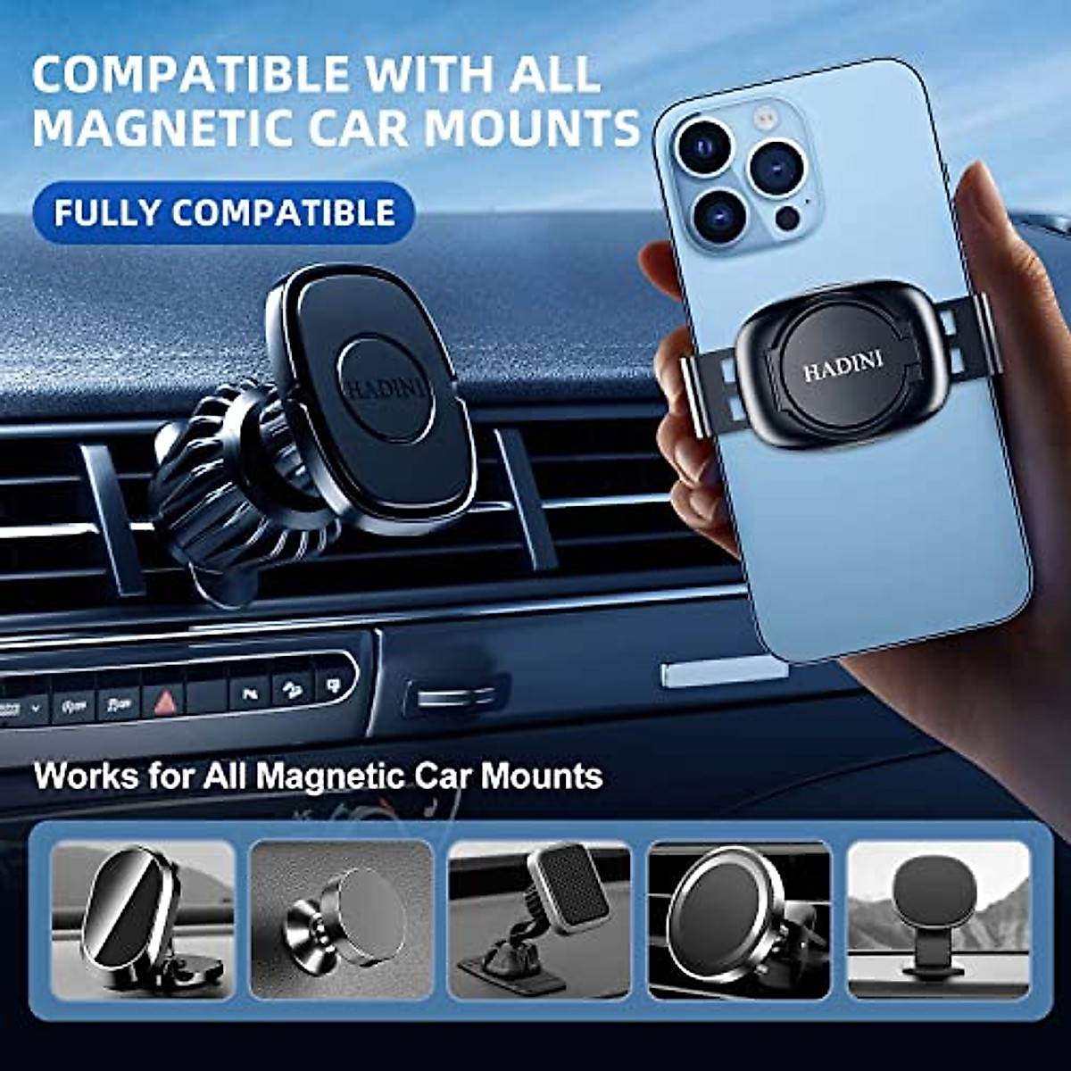 HADINI Metal Phone Clamp for Magnetic Car Mount Metal Phone Clip Work for All Magnet Car Holder [Clamp and Remove at Anytime] Phone Magnetic Plate Compatible with The Smartphones  from 4.7-7 inch