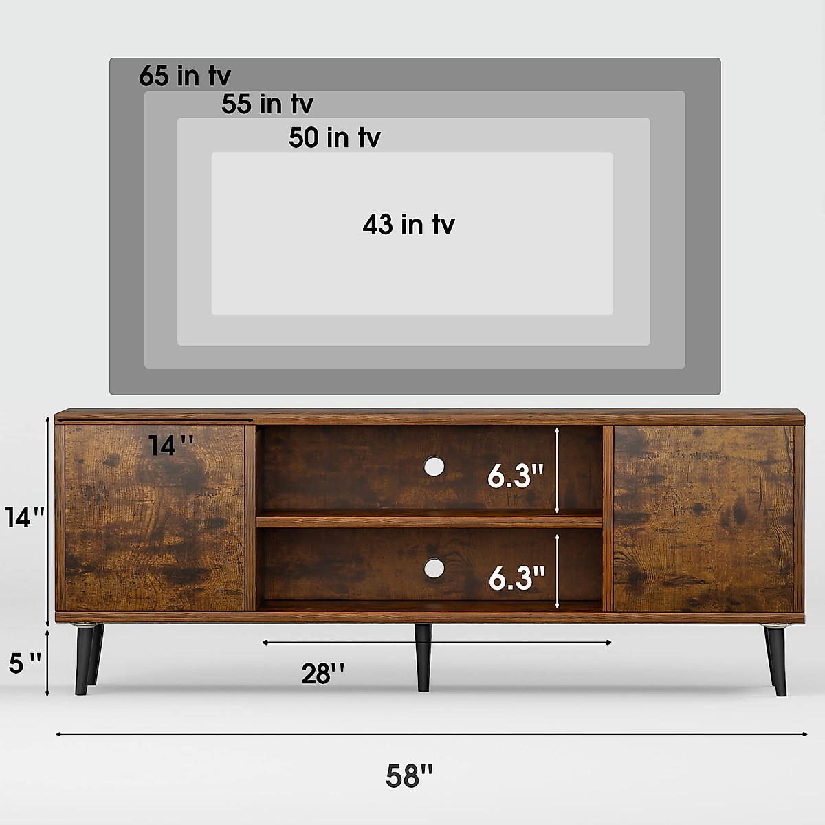 JUMMICO TV Stand for 65 Inch TV, Modern Entertainment Center with Storage Cabinet and Open Shelves, TV Console Table Media Cabinet for Living Room, Bedroom and Office (Rustic Brown)