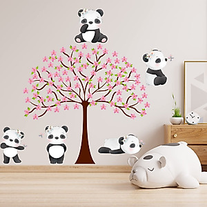Panda Cherry Blossom Tree Wall Decal Baby Animals Nursery Wall Stickers Art Panda Kids Room Wall Decor