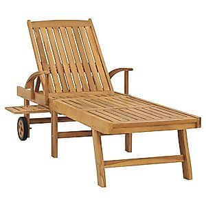 GeoHome Sun Lounger with Wheels | Adjustable Chaise Lounge with Footrest | Rustic Patio Sunlounger with Pull-Out Table | Outdoor Wooden Garden Lounge Chair | Brown Solid Teak Wood