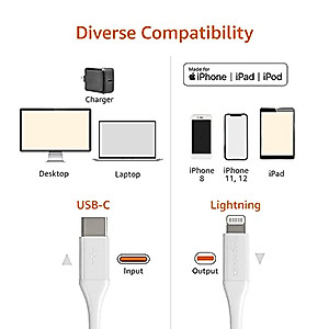 Amazon Basics USB-C to Lightning Cable, MFi Certified Charging Cord for Apple iPhone 14 13 12 11 X Xs Pro, Pro Max, Plus, iPad, 10,000 Bend Lifespan - White, 6-Ft