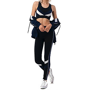 Jvini Women's 3 Piece Sports Outfit Set - Zip Up Hoodie Sweatshirt - Raceback Bra & Leggings Navy/Black Curve 1XL US(14-16)