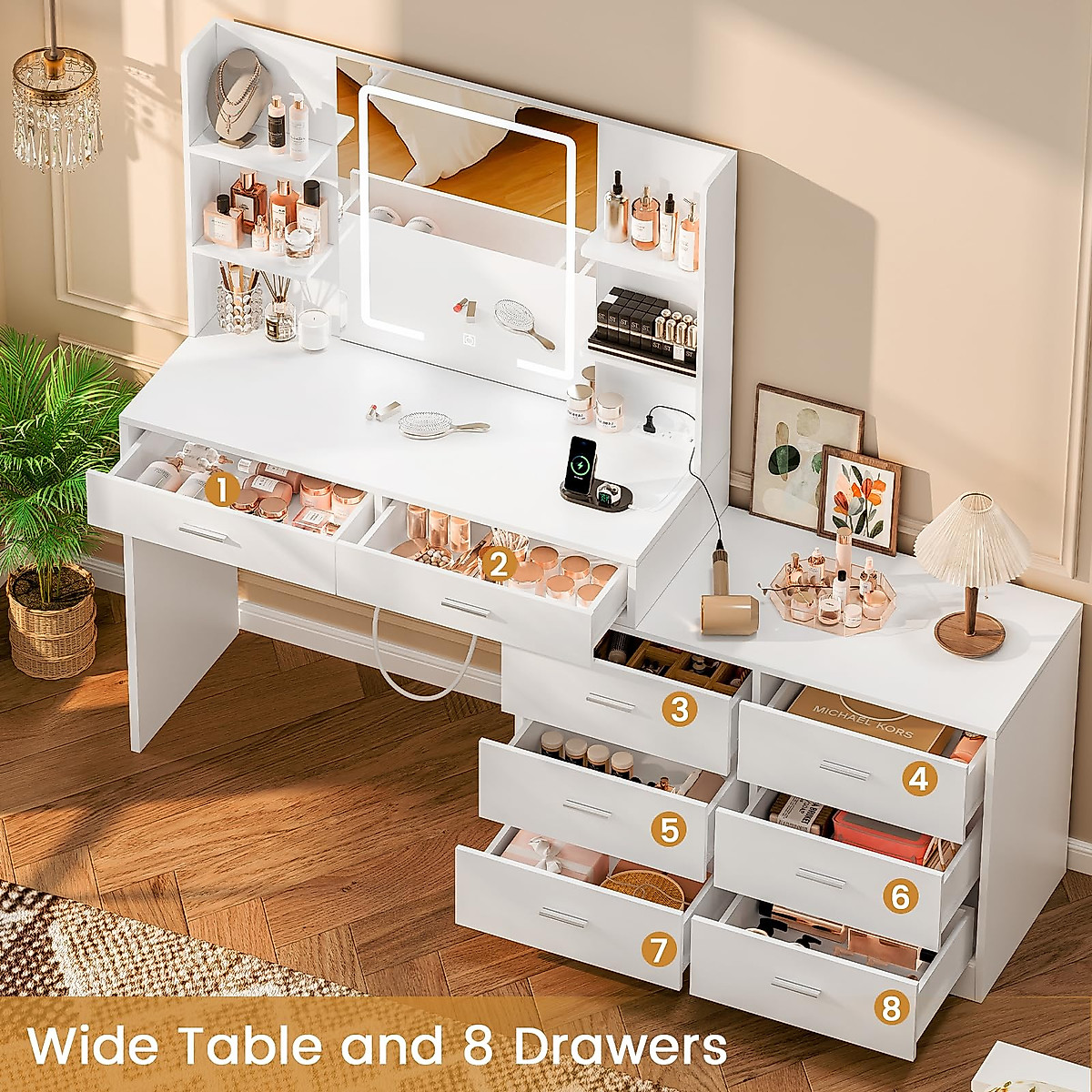 Quimoo 65.9'' Vanity Desk with LED Lighted Mirror & Power Outlet, Modern Corner Makeup Vanity Table with 8 Drawers & Open Shelves, Dressing Table for Bedroom, Makeup Room