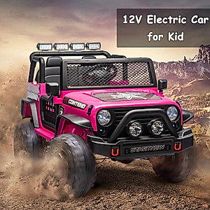 Sopbost 12v 7Ah 2-Seater Ride On Truck Electric Ride On Car for Kids w/Parent Remote Control Battery Powered Off-Road Ride on Toys w/Spring Suspension, LED Lights, Music (Pink)