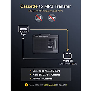 Arsvita Portable Cassette Player and Recorder, Cassette to MP3 Digital Converter, AM/FM Radio Tape Walkman, Support 4-32G Micro SD Card, Build-in Speaker and Microphone, Black