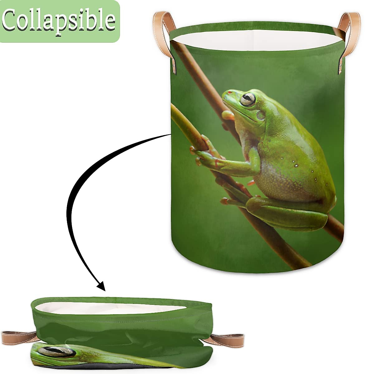 Tree Frog Collapsible Laundry Basket Large Laundry Hamper Waterproof Foldable Storage Bins Laundry Basket with Leather Handles Clothes Nursery Hampers for Bathroom Bedroom Toy Organizer