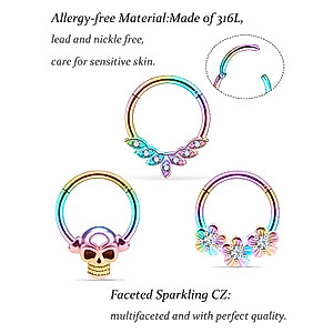 Vsnnsns 16G Septum Rings Piercing Jewelry Skull Septum Jewelry CZ Clicker Ring Stainless Steel flower Septum Hinged Segment Nose Rings Hoop Piercing Jewelry for Men Women 10mm 5pcs Rainbow