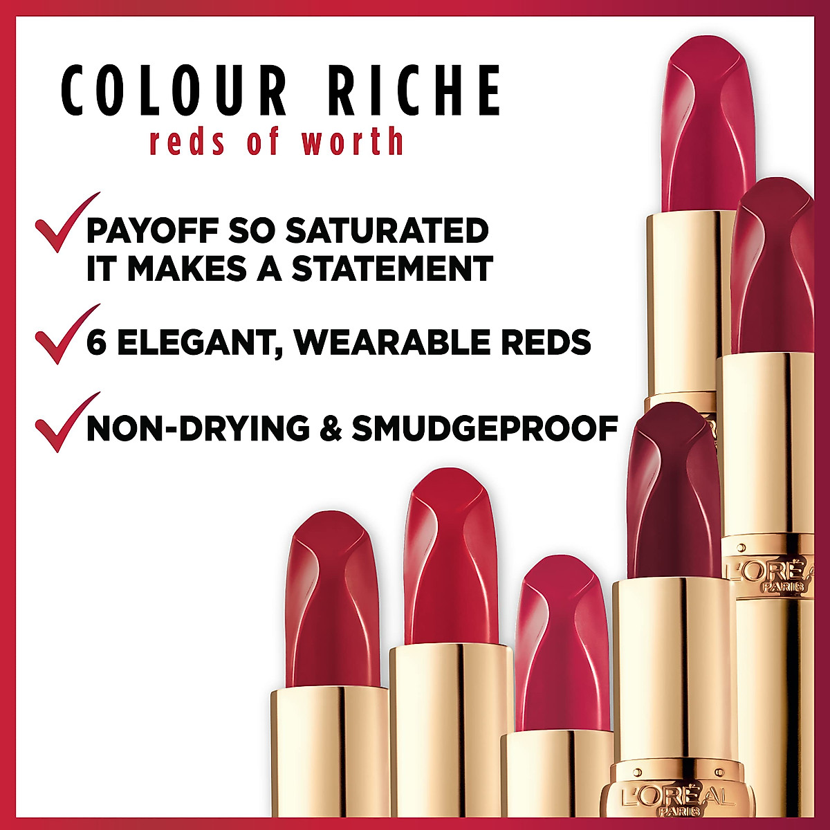 L'Oreal Paris Colour Riche Red Lipstick, Long Lasting, Satin Finish Smudge Proof Lipstick with Hydrating Argan Oil & Vitamin E, Reds of Worth, Ambitious Red, 0.13 Oz