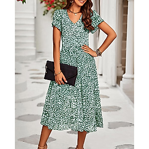 BTFBM Women Casual Summer Short Ruffles Tiered Sleeve Smocked Midi Dresses Bohemian Floral V Neck Wedding Guest Long Dresses