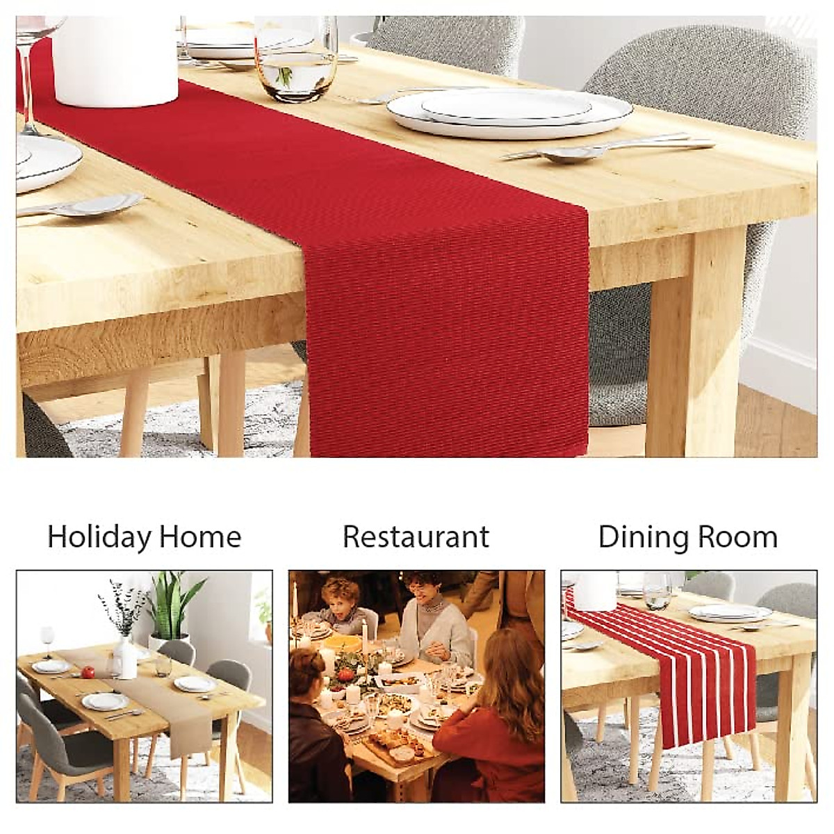 Encasa Table Runner for 4 Seater Dining | Solid Red | Fine Ribbed Cotton | Size 13"x59" | Over 20 Modern Colors & Woven Designs, Machine Washable