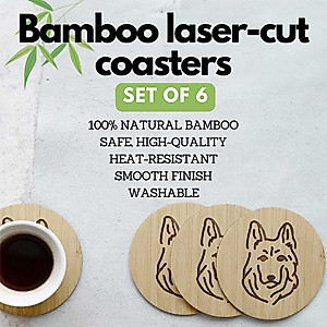 Set of 6 Bamboo Coasters with Holder - 3.9 Inch Fun Dog Coasters - Non-Stick Absorbent Engraved Laser-Cut - Durable, Washable (German Shepherd)