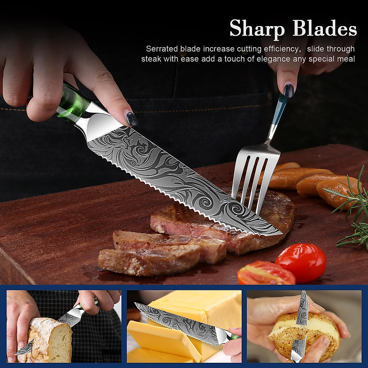 XT XITUO Serrated Steak Knife Set w/Beautiful Engraved Pattern - 6PC Premium 4.5 inch Steak Knives, German Steel Knife Table Dinner Knife w/Emerald Green Resin Handle for Home Restaurant