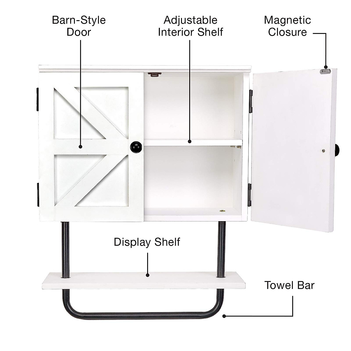 EXCELLO GLOBAL PRODUCTS 17x21” Barndoor Bathroom Wall Cabinet, Space Saver Storage Cabinet Kitchen Medicine Cabinet with Adjustable Shelf and Towel Bar, White
