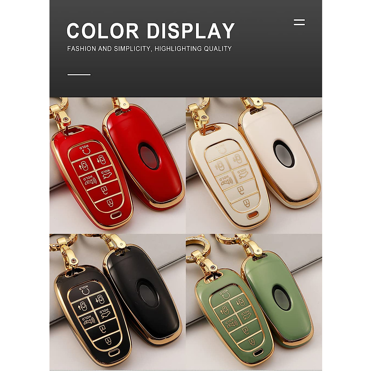 HIBEYO Key Fob Cover for Hyundai Sonata 2020 2021 2022 Santa Fe Smart Remote Auto Key Shell Soft TPU Car Accessories for Hyundai 7 Buttons Key with Bling Keychains-Black