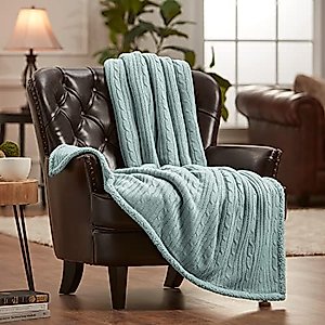 Chanasya Cable Knit Throw Blanket - Soft and Cozy Throw Blanket with Plush Sherpa Side - 50" x 65” - Mint Green