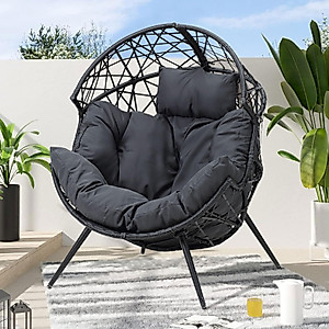 STRPRETTY BASIC Egg Chair - Outdoor Patio Egg Chair Indoor Wicker Egg Chair Basket Lounger Chair with Cushion and Stand for Living Room Patio Backyard (Dark Gray)