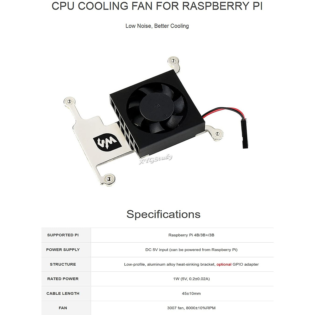 Cooling Fan for Raspberry Pi 4B/3B+/3B Low-Profile CPU with Aluminum Alloy Bracket and GPIO Fan Adapter @XYGStudy (PI-FAN-3007-B)