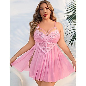 Avidlove Plus Lingerie Lace Babydoll Strap Chemise Nightgown V Neck Nightwear Sexy Sleepwear Sheer Mesh Nighty Pink 3X-Large