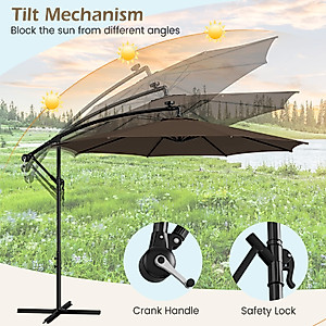 Tangkula 10FT Solar Offset Umbrella, Tilted Cantilever Hanging Umbrella with 112 LED Meteor Shower Lights, Crank Handle, Outdoor Market Umbrella for Poolside, Backyard & Deck (Tan)