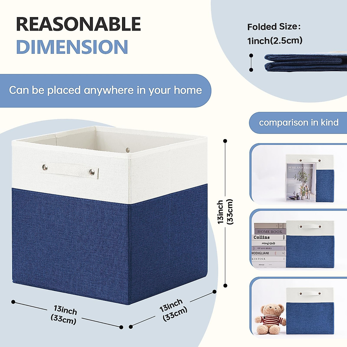 Foldable Storage Bins 13x13 Storage Cubes Fabric Linen Storage Baskets for Shelves Drawer with Handles for Organizing Closet, Utility Room, Storage Room, Nursery, Bedroom Set of 4 White & Navy Blue