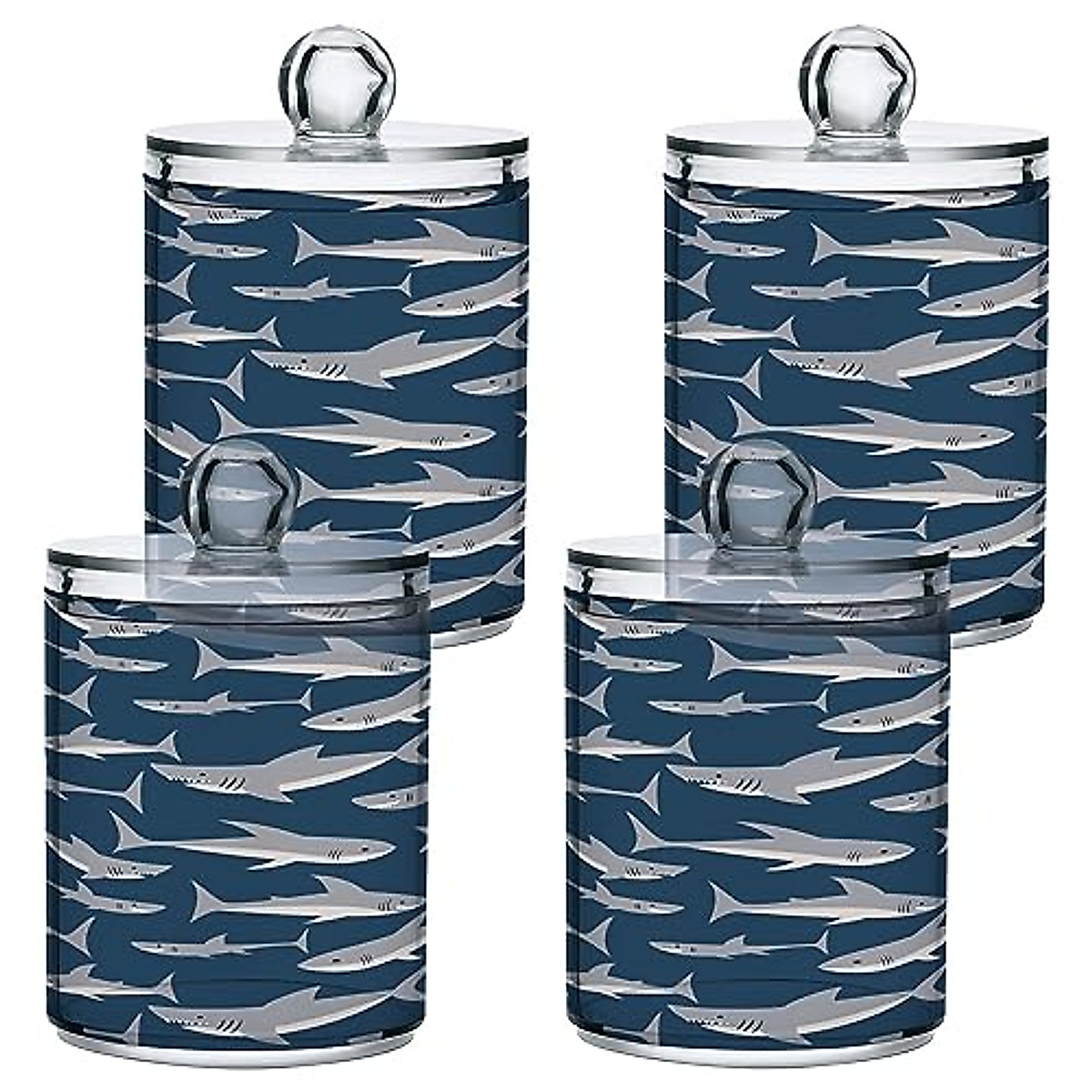 4 Pack Qtip Holder Dispenser Cute Sharks 14 oz Clear Plastic Apothecary Jar with Lids Bathroom Accessories Storage Containers Vanity Organizer for Cotton Swab, Ball, Pads, Floss