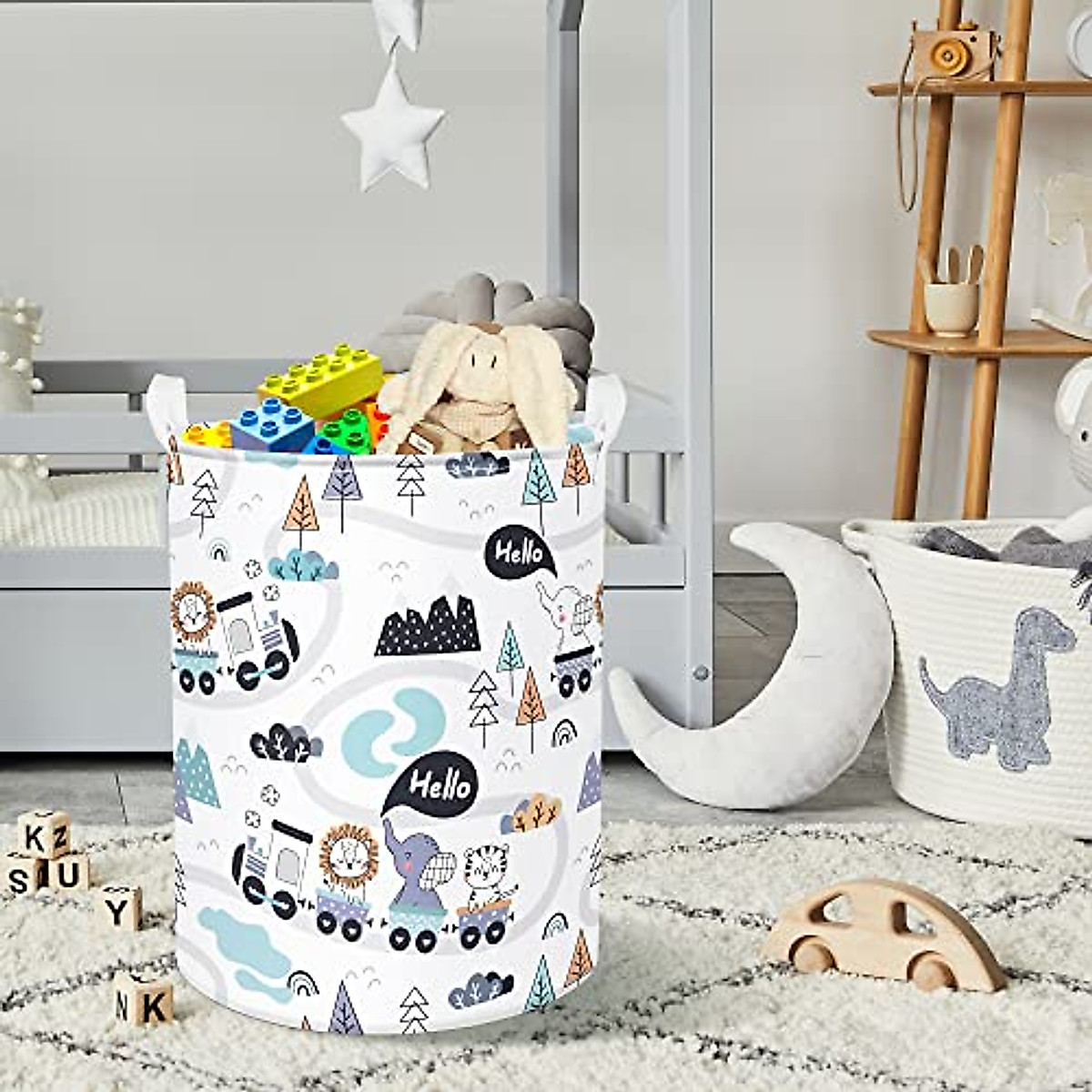 Clastyle 45L Urban Traveling Animals Elephant Nursery Laundry Basket Lion Tiger Train Round Toy Clothes Storage Basket for Kindergarten, 14.2x17.7 in