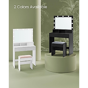 VASAGLE Vanity Desk with Power Outlets, Makeup Vanity with Mirror and Lights, with Upholstered Vanity Stool, 9 Dimmable LED Lights, 2 Compartments, 2 Drawers, for Bedroom, Ink Black URDT029B01