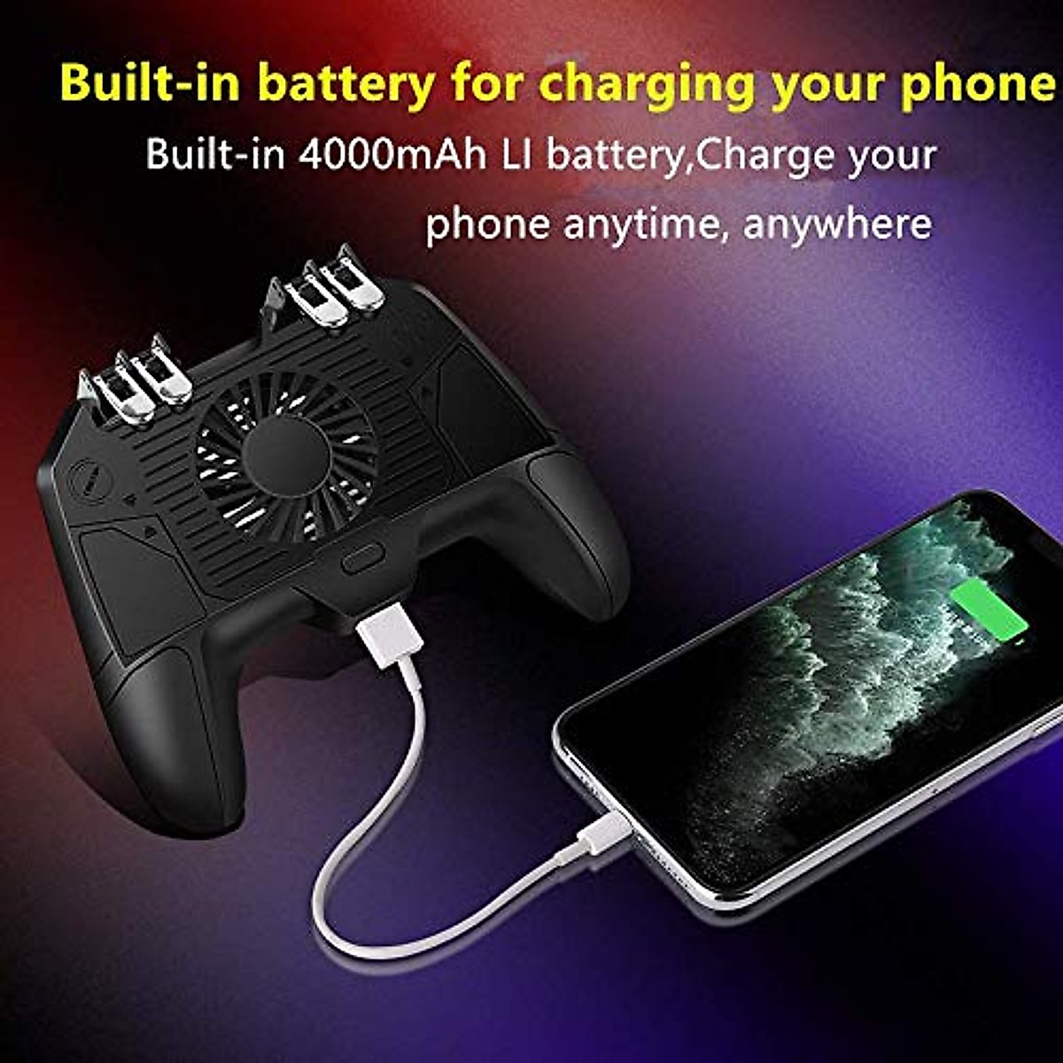 Mobile Game Controller[The Latest Version] 4 Trigger with 4000mAh Power Bank Cooling Fan for PUBG/Call of Duty/Fotnite [6 Finger Operation] L1R1 L2R2 Gamepad Trigger for 4.7-6.5" iOS Android Phone