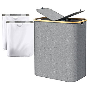 Werduoland 140L Double Laundry Hamper with Lid Divided Laundry Hamper Large Laundry Basket 2 Section Laundry Hamper with Removable Bag Dual Hampers for Laundry Double Sided Hamper for Bathroom (Grey)