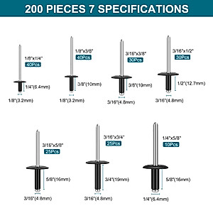 SATANTECH 200PCS Black Rivets Pop Rivets Assortment Kit, Large flange Aluminum Rivets(1/8" 3/16" 1/4") Assorted Blind Rivets with Case