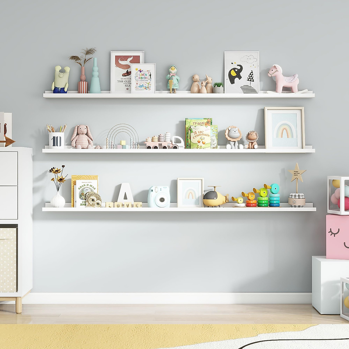 Axeman White Picture Ledge Shelf 72 Inches Long, Floating Shelves for Photo Frame Display, Wall Mounted Floating Shelves with Lip for Kids' Room, Living Room, Home Office - White