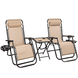 Homall 3 Pcs Zero Gravity Chair Patio Folding Recliner Outdoor Chaise Lounge Chairs Portable Reclining Chair Set with Side Table (Beige)