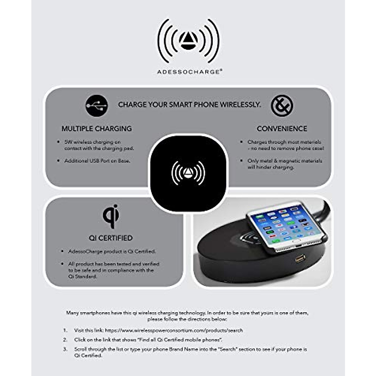 Adesso 3162-22 Kaye LED Desk Lamp Wireless Charging, 7W LED, 5W QI, USB Port, Indoor Lighting Lamps