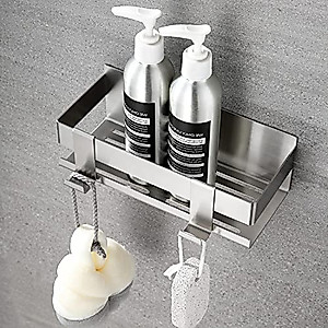 RASHNU Shower Caddy Shelf Wall Mounted SUS304 Small, Self Adhesive Organizer for Bathroom/Toilet/Kitchen, Floating Shelves with 2 Removable Hooks, Silver