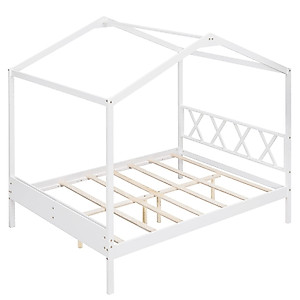 Full House Bed for Kids Montessori Bed with Headboard and Storage Footboard Wood Platform Bed Frame White House Beds for Girls Boys Teens Adults, Full Size, White