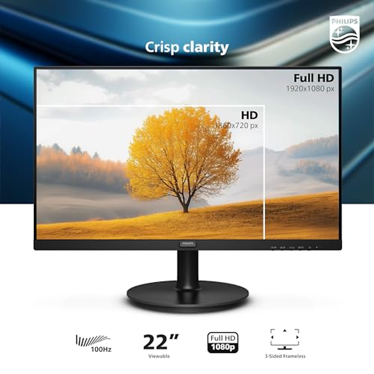 Philips 22 inch Class Thin Full HD (1920 x 1080) Monitor, 100Hz Refresh Rate, VESA, HDMI x1, VGA x1, LowBlue Mode, Adaptive Sync, 4 Year Advance Replacement Warranty, 221V8LB