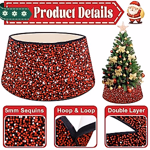 ROMANKAS Christmas Tree Collar Red and Black Glitter Xmas Tree Collar 23.6 Inch Sequins Christmas Tree Skirt Sparkle Tree Base Cover Bling Xmas Tree Ring for Holiday Party Christmas Decoration
