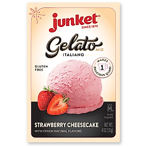 Junket Gelato Mix: Strawberry Cheesecake Homemade Gelato Ice Cream Mix for Ice Cream Maker or Stir By Hand, Start to Finish in Minutes, 4 ounce box, Yields 1 quart Frozen Gelato (Pack of 1)
