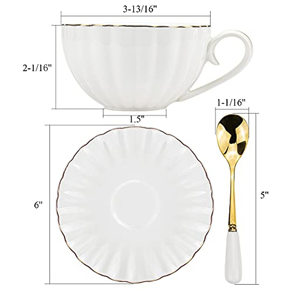 Yesland Set of 6 Royal Tea Cups and Saucers with Gold Trim, 8 Ounce White Porcelain Tea Set & British Coffee Cups, White Latte Cups and Espresso Mug for Specialty Coffee Drinks, Latte, Cafe Mocha, Tea