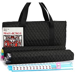 American Mahjong Game Set - Black Quilted Soft Bag 166 Premium Tiles with 4 All-in-One Rack/Pushers,100 Chips, Wind Indicator, English Manual. Easy Carry Complete Classic Mah-Jongg Set